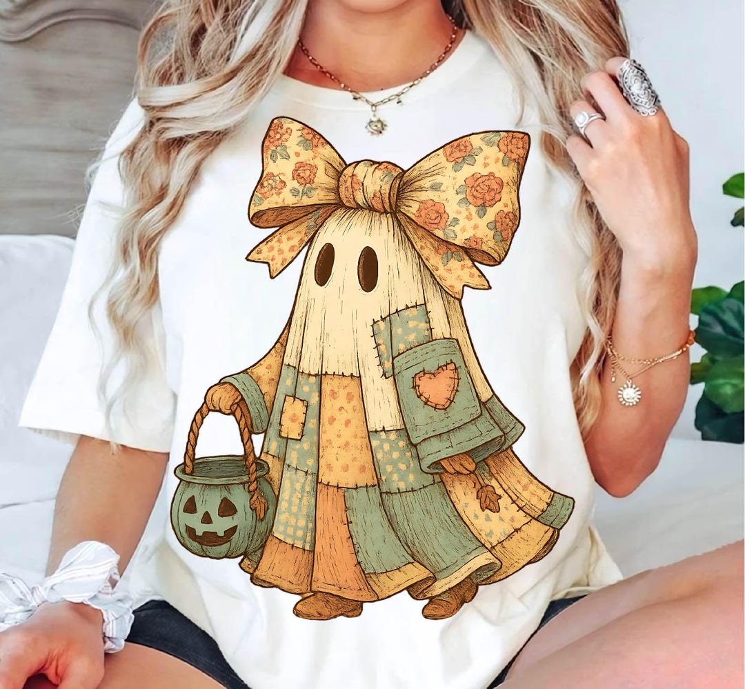 Blue Denim Ghost PNG: Retro Halloween Patchwork Design (digital ...