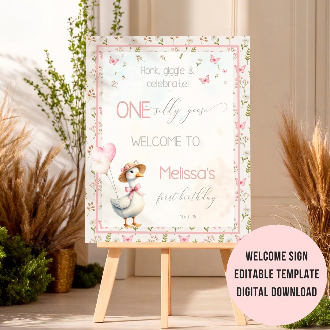 Silly Goose 1st Birthday Welcome Sign – Pink Floral Printable Sign for ...