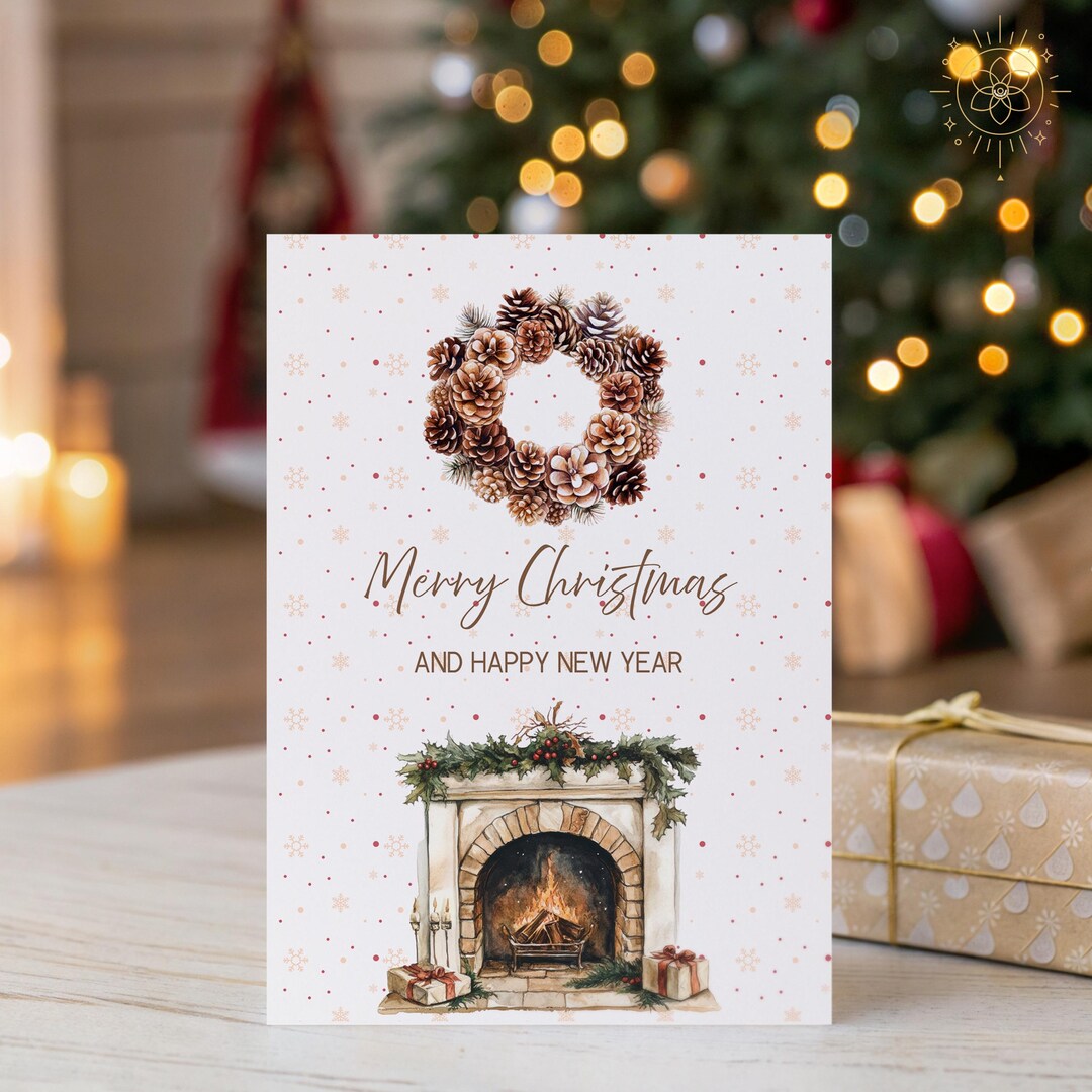 Cozy Fireplace Christmas Card Printable, Elegant Pinecone Wreath ...
