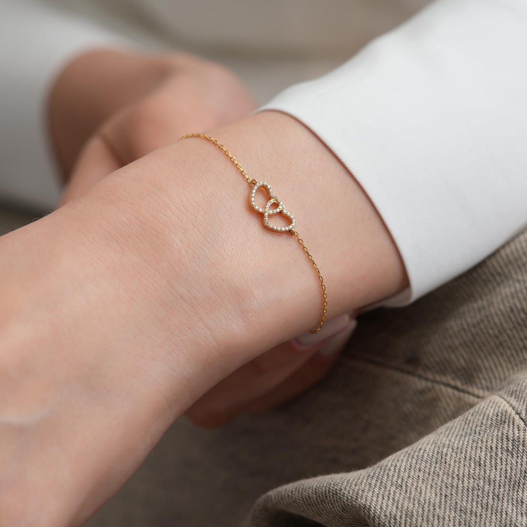 14k Gold Double Heart Bracelet, Diamond Accent, Love Charm - Etsy