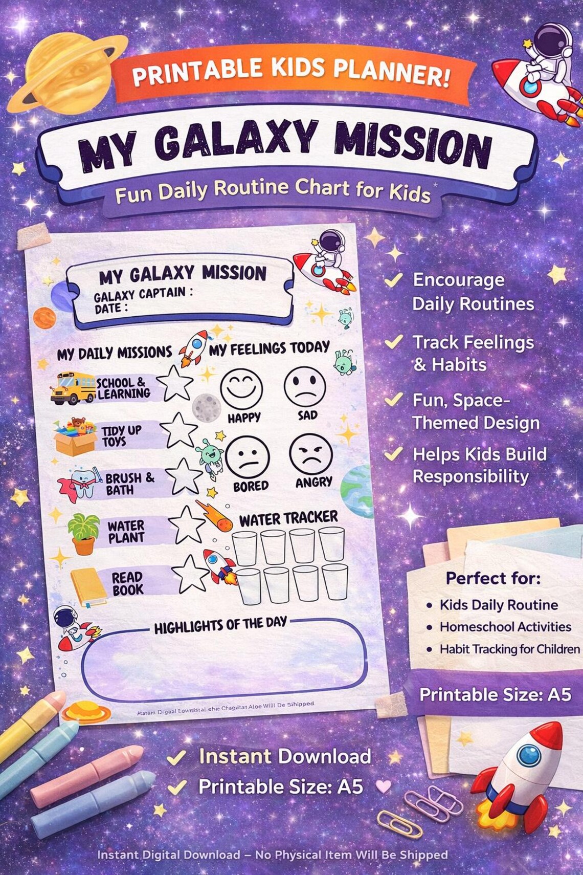 Galaxy Mission Daily Planner for Kids | Space Theme A5 Printable ...