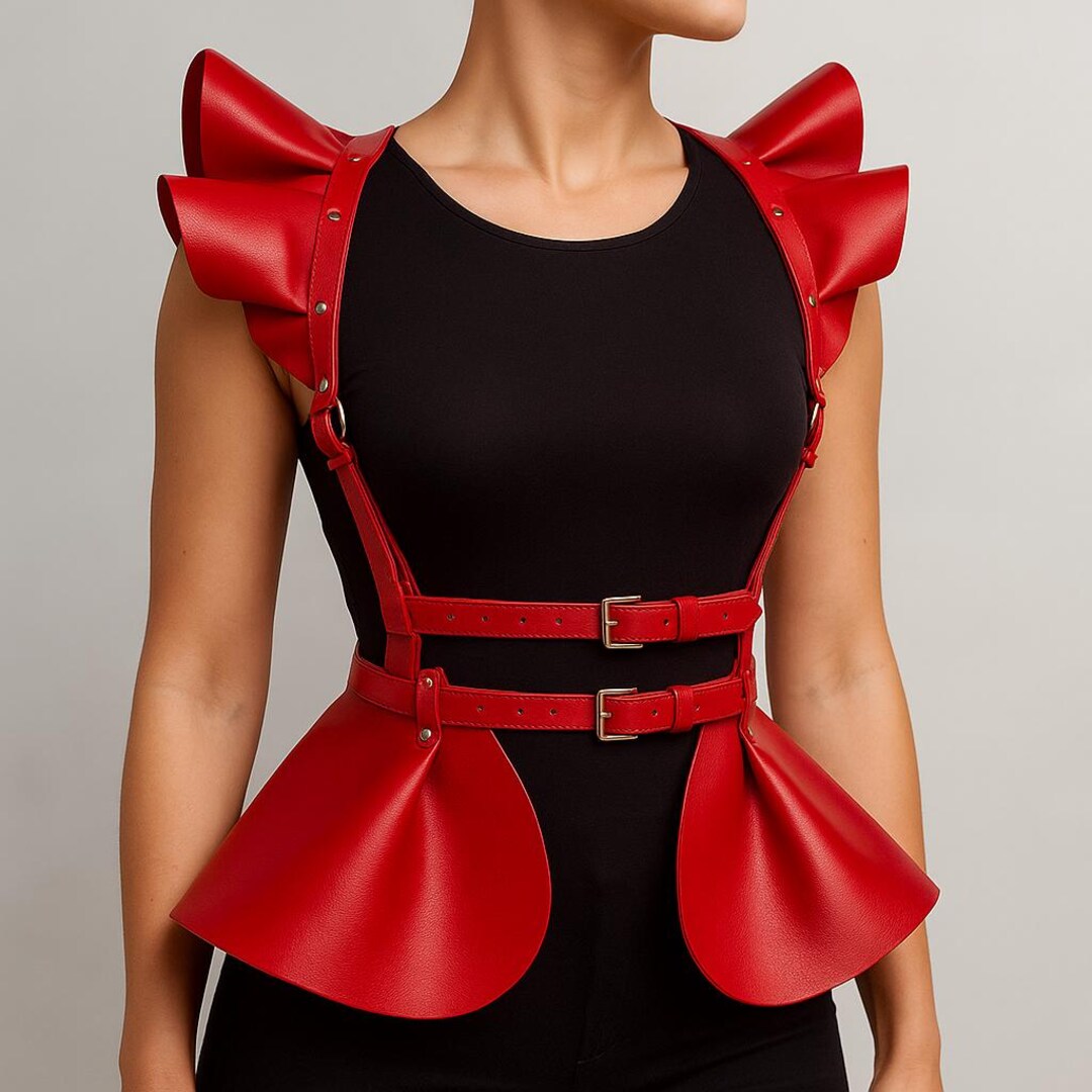 Ruffled Faux Leather Body Harness Belt | Sculpted Peplum Style - Etsy