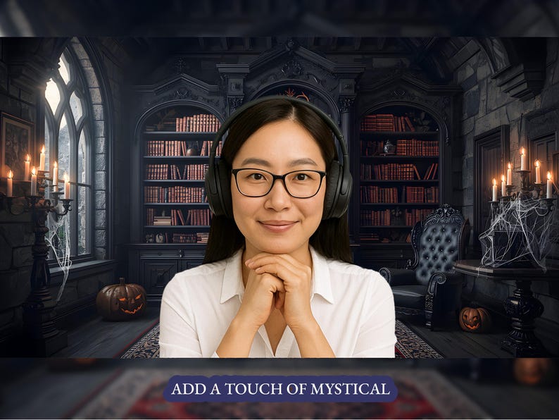 Halloween Bookcase Zoom Background Gothic Library Window Room Haunted ...