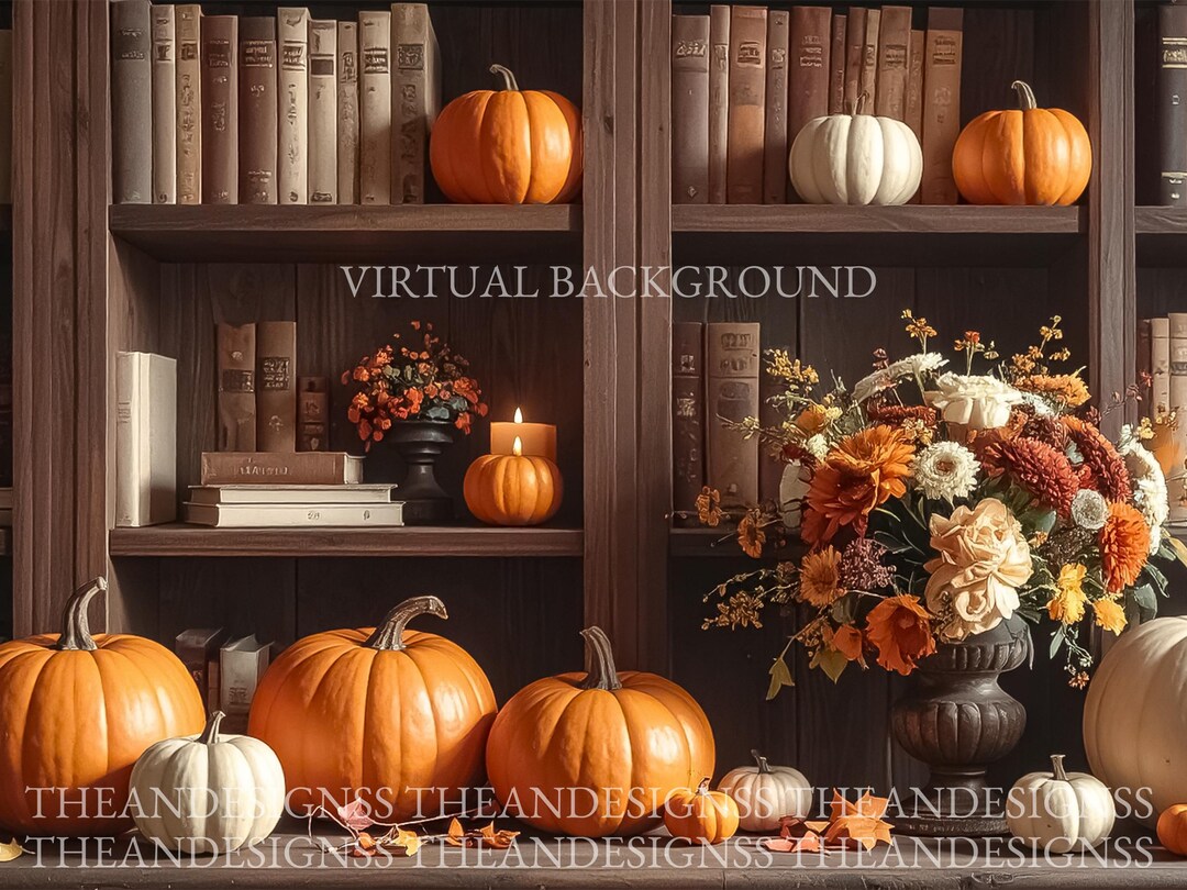 Fall Zoom Background Autumn Dark Bookshelf Digital Backdrop Home Office ...