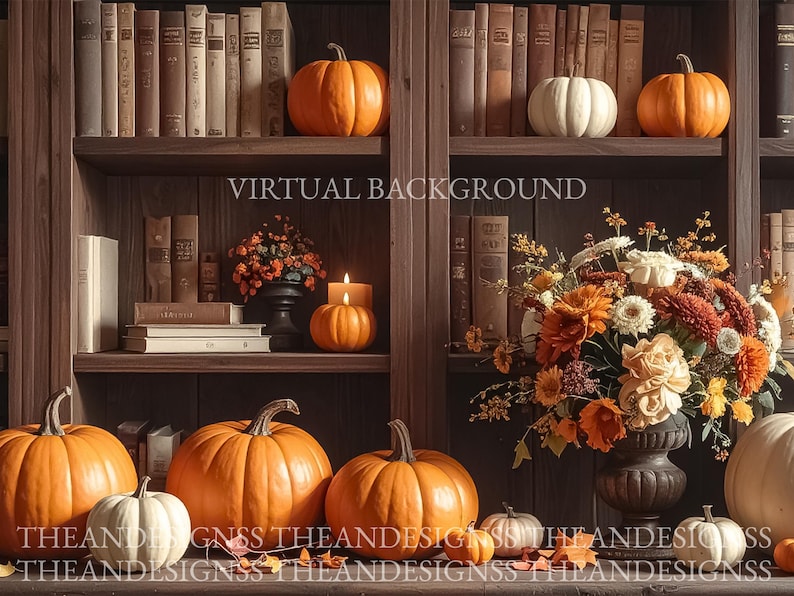 Fall Zoom Background Autumn Dark Bookshelf Digital Backdrop Home Office ...