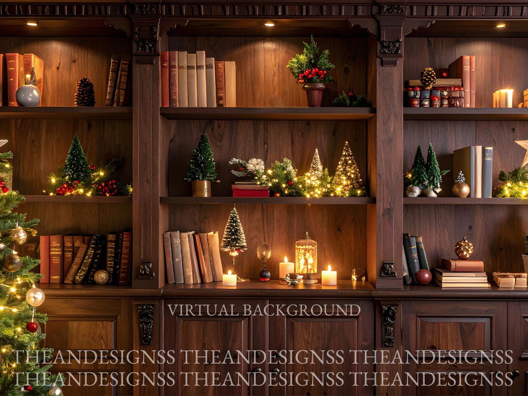 Christmas Bookcase Zoom Background • Winter Holiday Thanksgiving Xmas ...