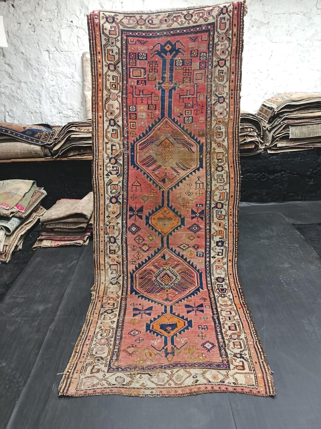 Red Vintage Desing Wool Runner: Very Old Unique Hand-knotted Runner (3 ...
