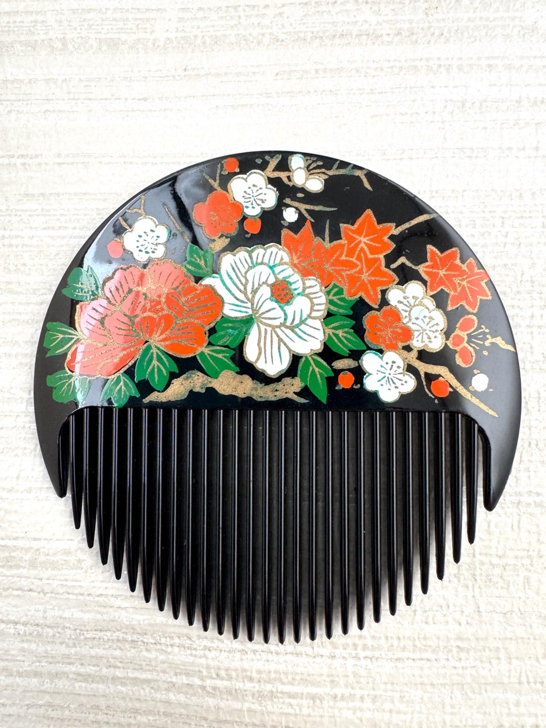 Vintage Japanese Hair Comb, Black Lacquer Style, Floral Design, Showa ...
