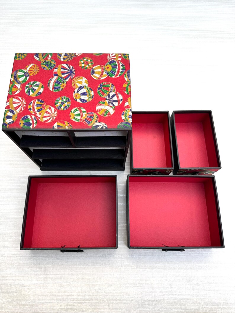 Japanese Vintage Decorative Drawer Box With Temari Pattern, Red Storage ...