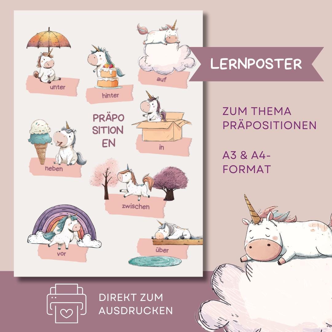 Unicorn Prepositions Learning Poster – Preschool | PDF DIN A3 & A4 ...