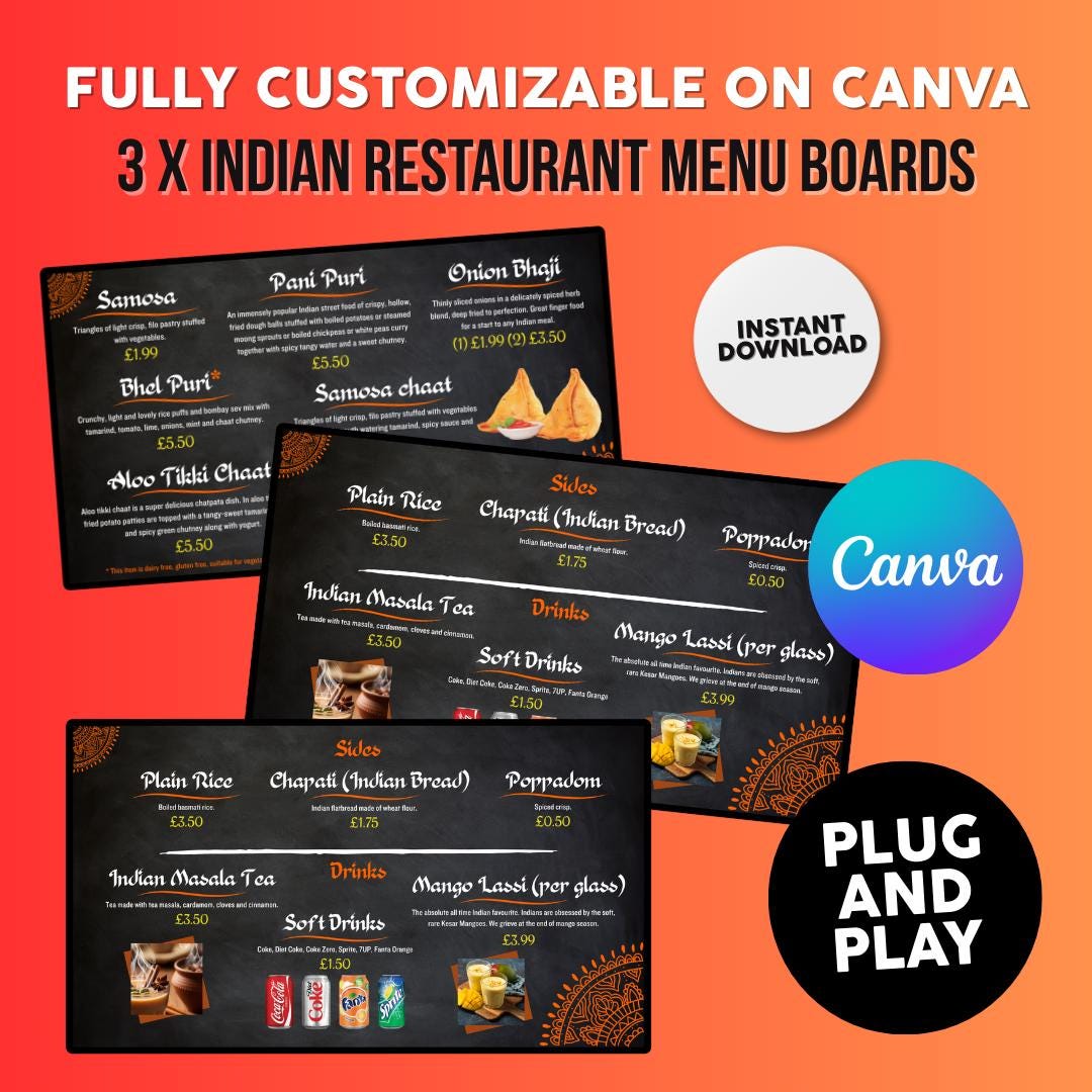 Indian Restaurant TV Menu Board Templates: 3 Canva Designs (digital ...