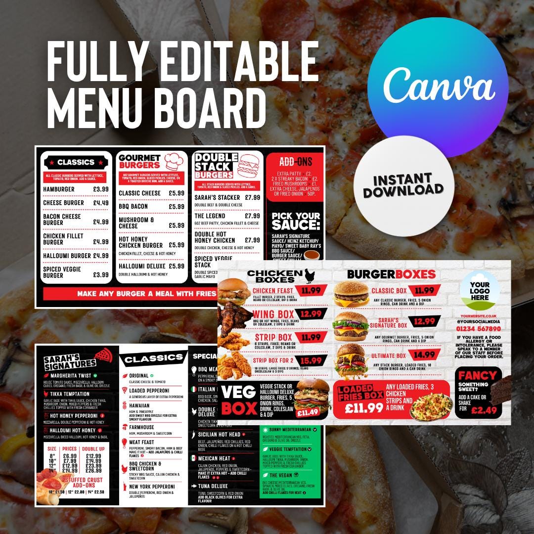 Burger, Pizza & Pasta Takeaway TV Menu Board Templates: 7 Canva Designs ...