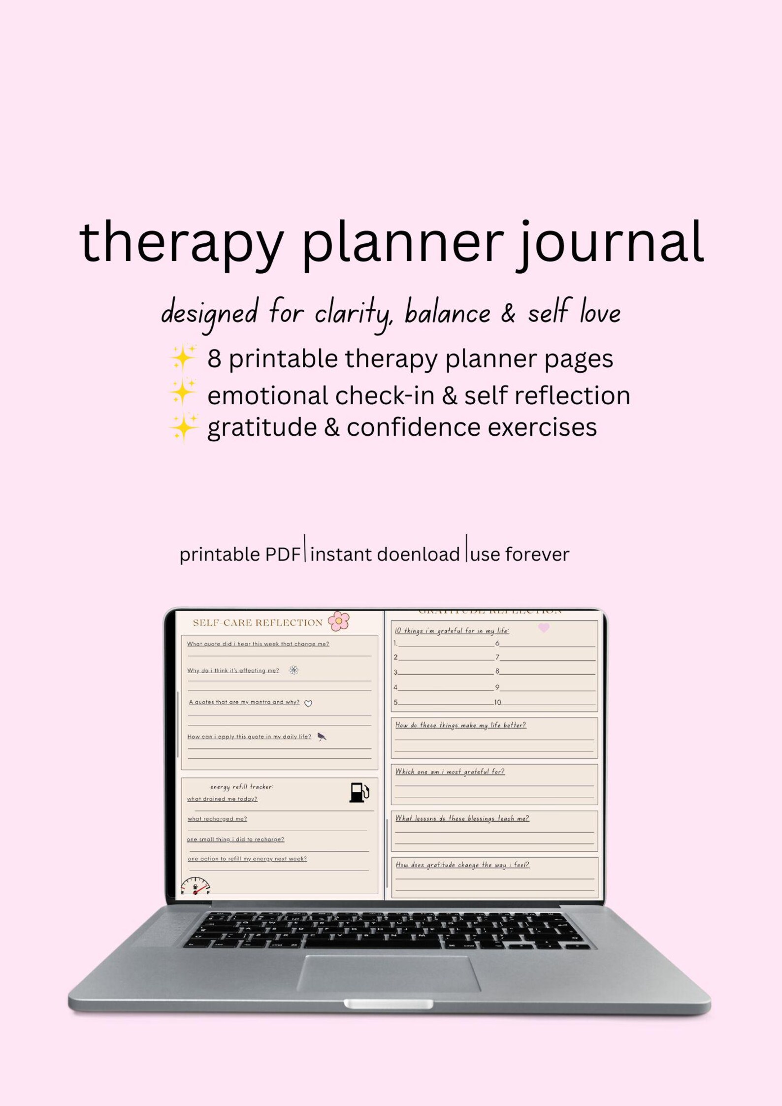 Self-care Therapy Journal: Gratitude & Reflection Worksheets (digital ...