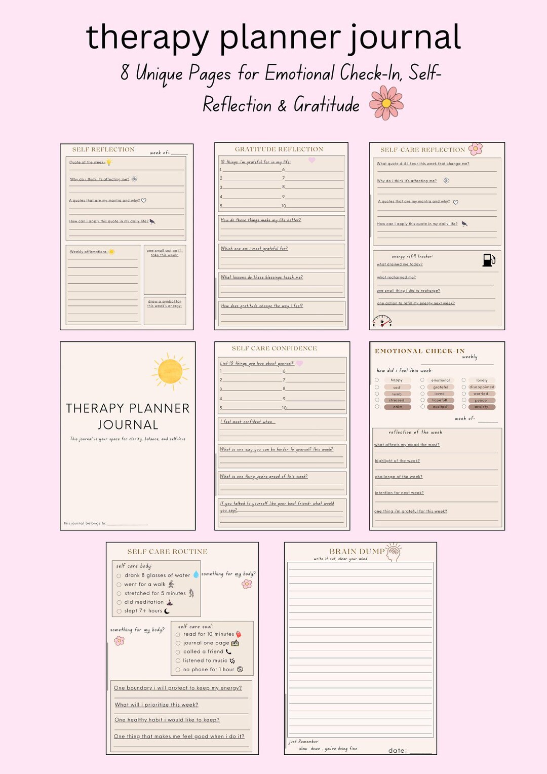 Self-care Therapy Journal: Gratitude & Reflection Worksheets (digital ...