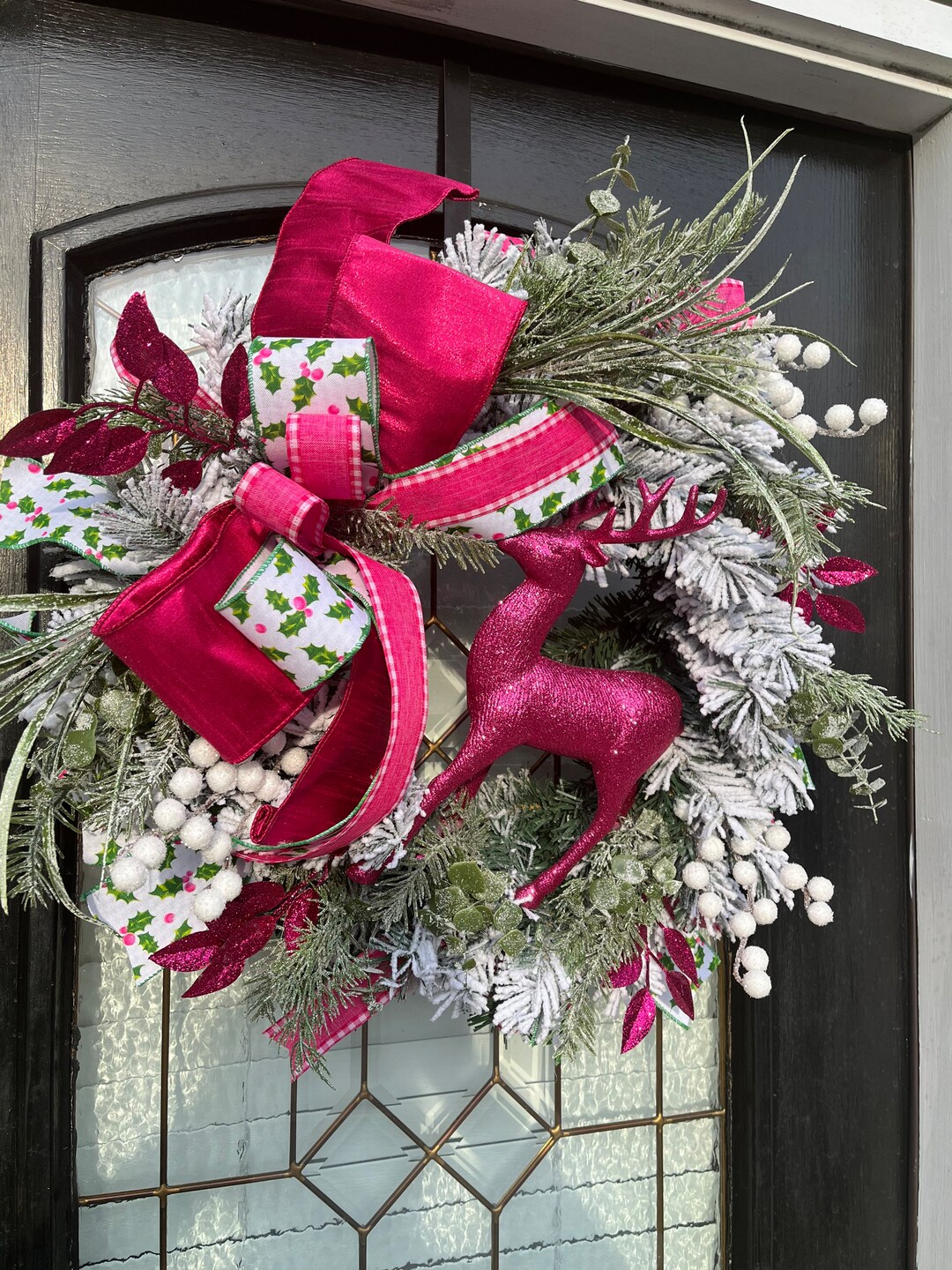 Christmas Pink Woodlands Wreath, Christmas Pink Deer Wreath, Holiday ...
