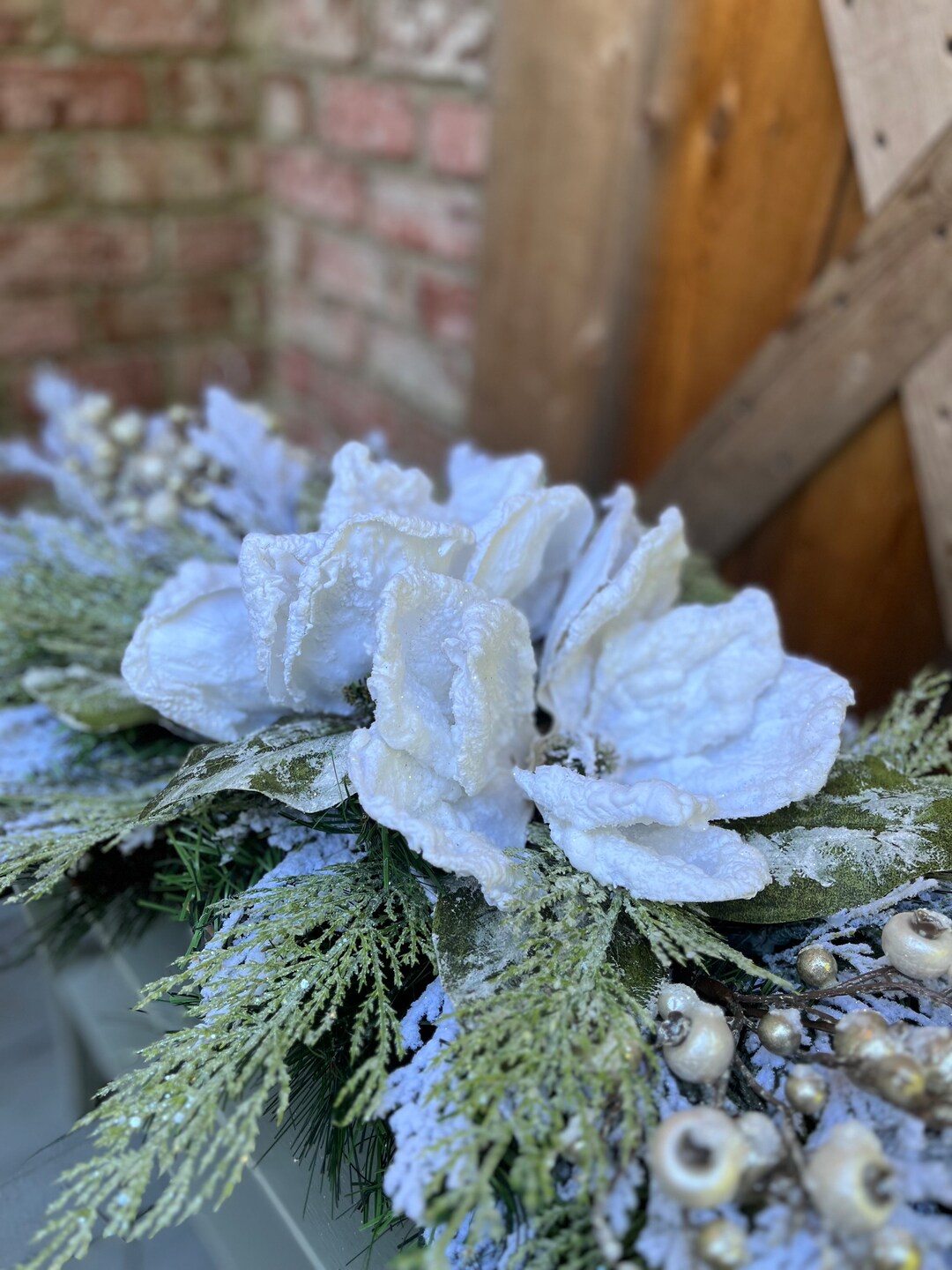 White Flocked Magnolia Table Decor, Christmas Decor, Winter Table Decor ...