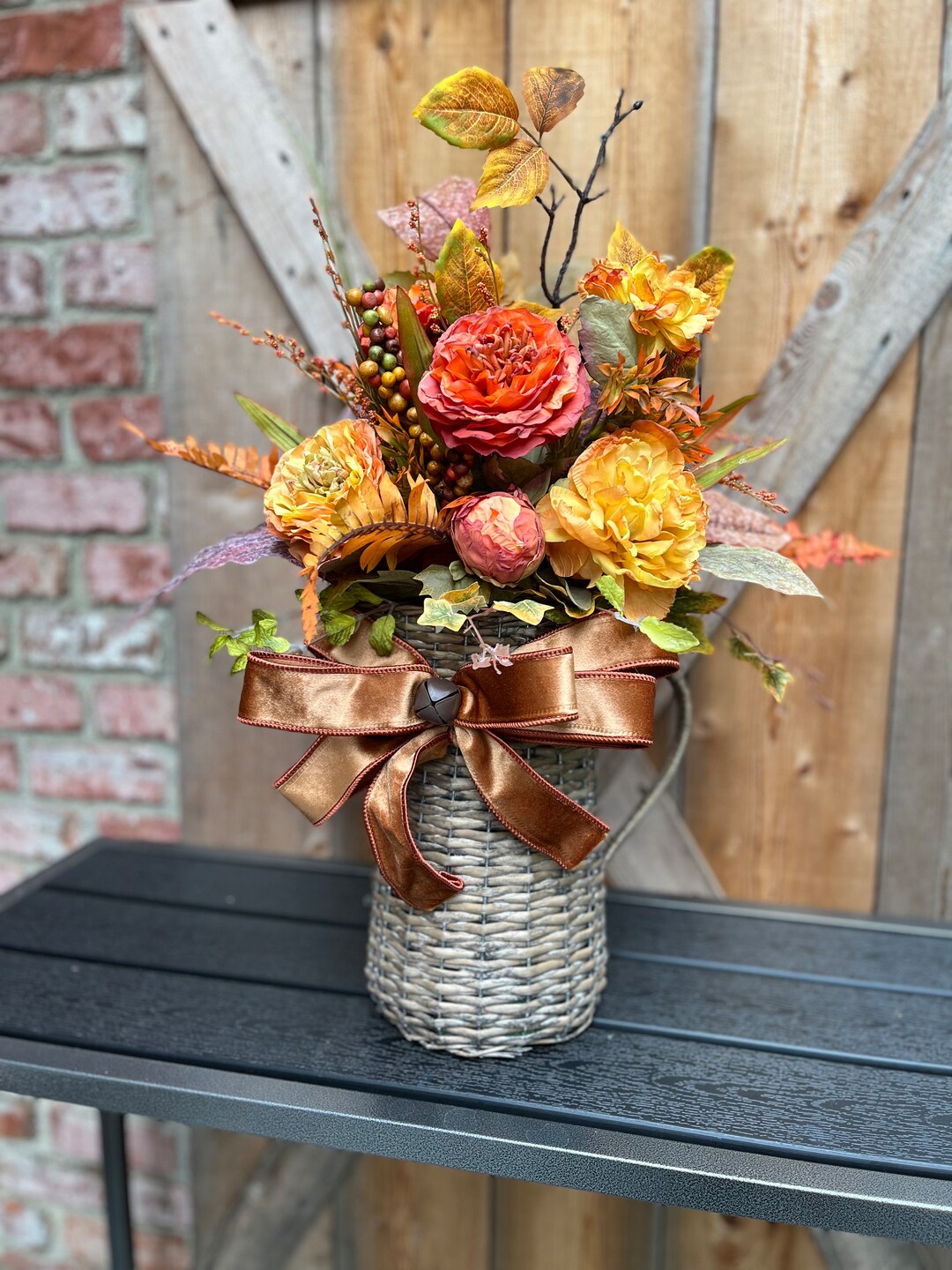 Fall Floral Basket Table Decor, Tall Basket With Autumn Colors Table ...