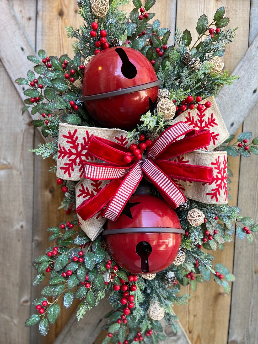 Christmas Door Swag Rustic Woodlands, Christmas Wreath Swag Bells ...