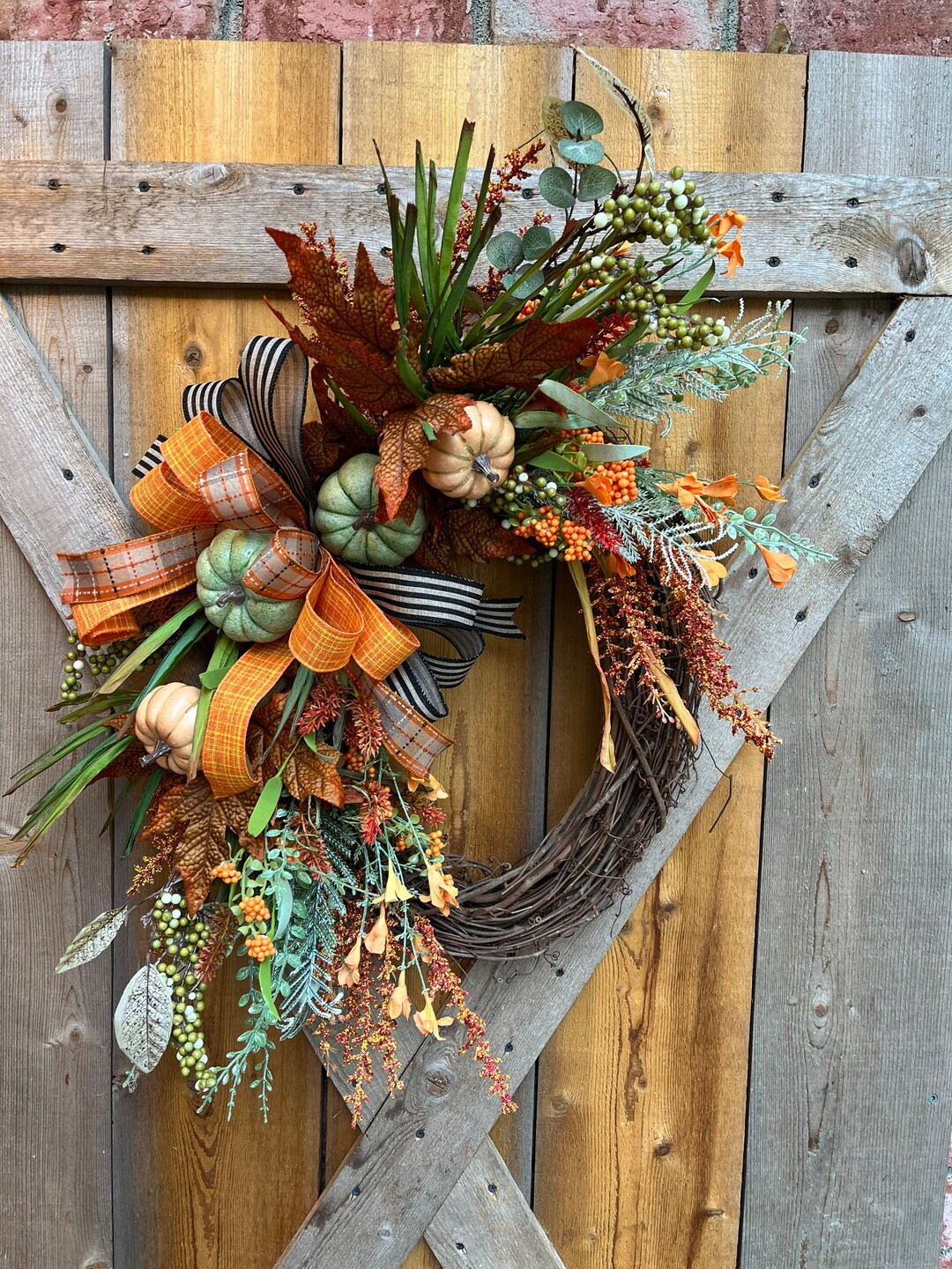 Fall Door Wreath, Fall Wreath, Fall Door Hanger, Fall Rust and Green ...