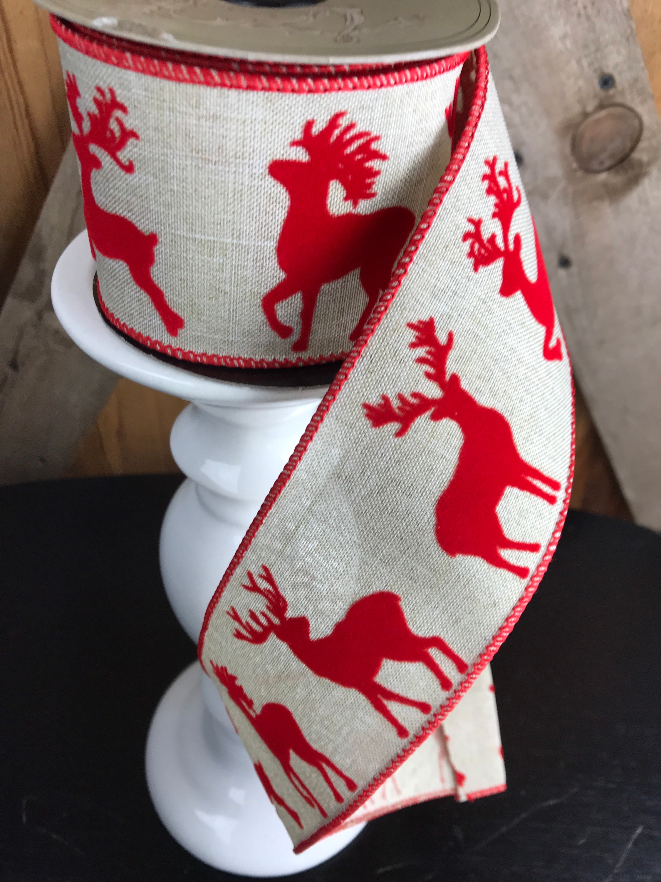 Christmas ribbon flocked red deer wired ribbon for wreath | Etsy