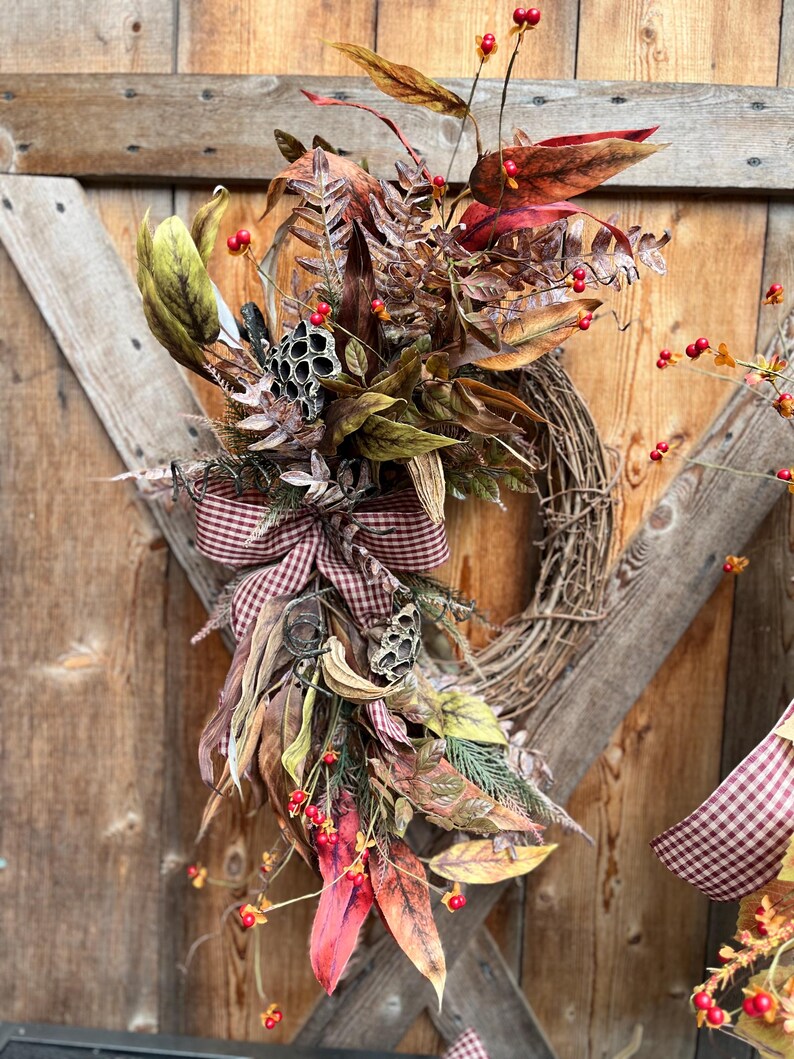 Primitive Fall Wreath & Lantern Swag: Rustic Gingham Bow, Country Decor ...