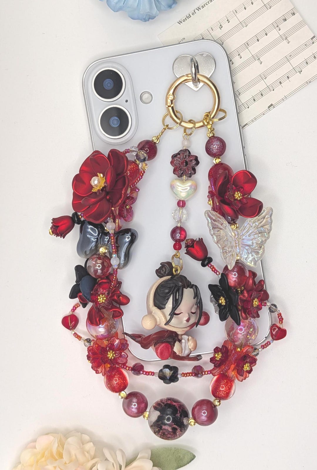 Skull Panda Phone Charm: Red Gothic Floral Beaded Phone Strap - Etsy
