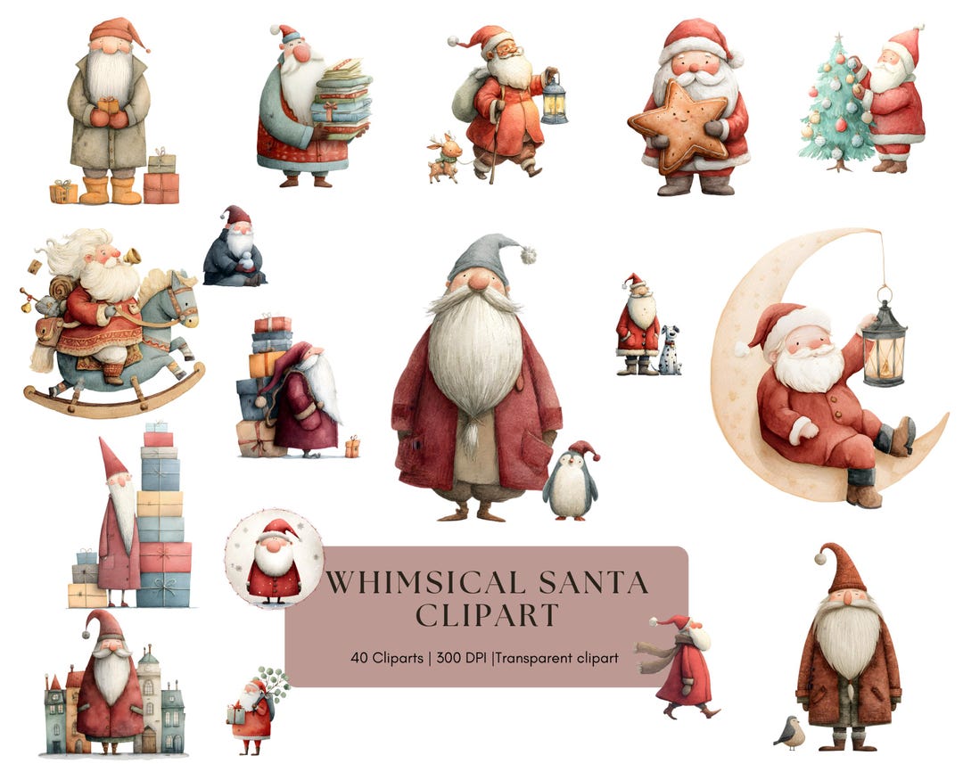 Whimsical Santa Clipart Bundle: 40 PNG Illustrations (digital Download ...