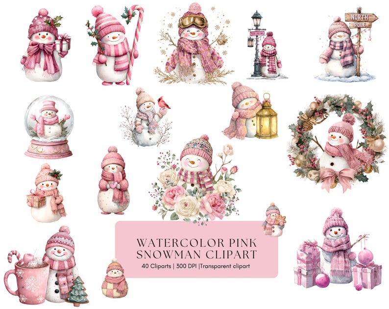 Watercolor Pink Snowman Clipart Bundle png, Festive Snowman Clipart ...