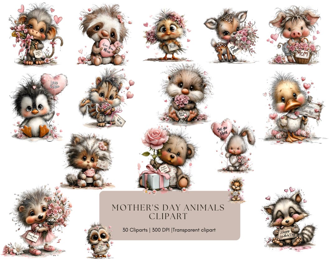 Mother's Day Animals Clipart Png, Cute Mother’s Day Animal Digital ...