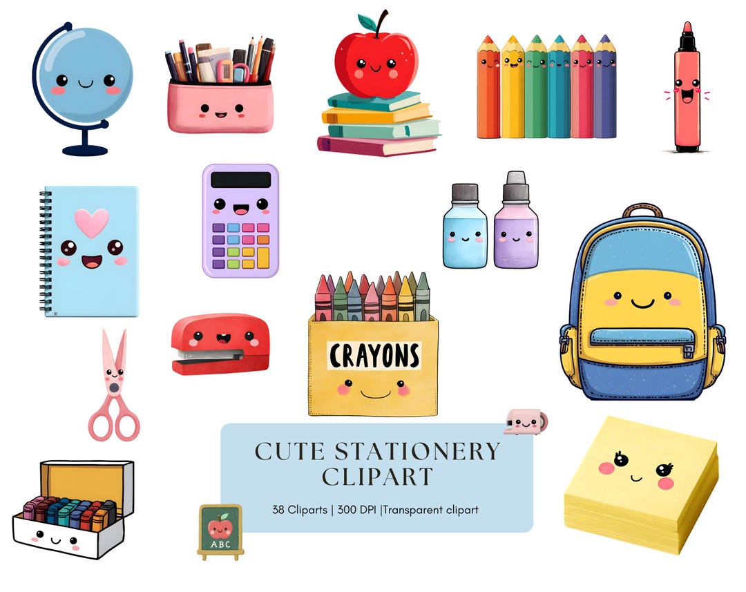 Cute Stationery Clipart Bundle, Kawaii School Supplies Clipart Bundle ...