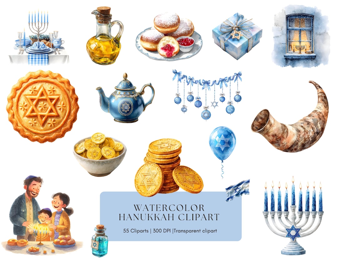 Watercolor Hanukkah Clipart Bundle, Sufganiyah Yamaka Clipart Bundle ...