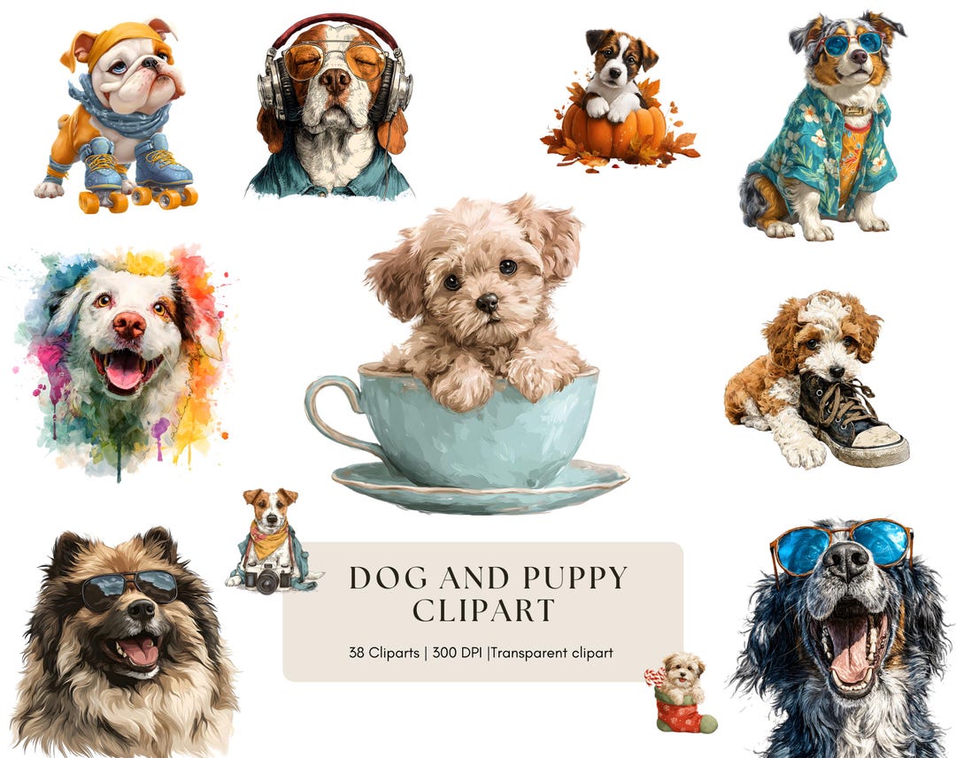 Watercolor Dog Clipart Bundle: 38 PNG Puppy Illustrations (digital ...