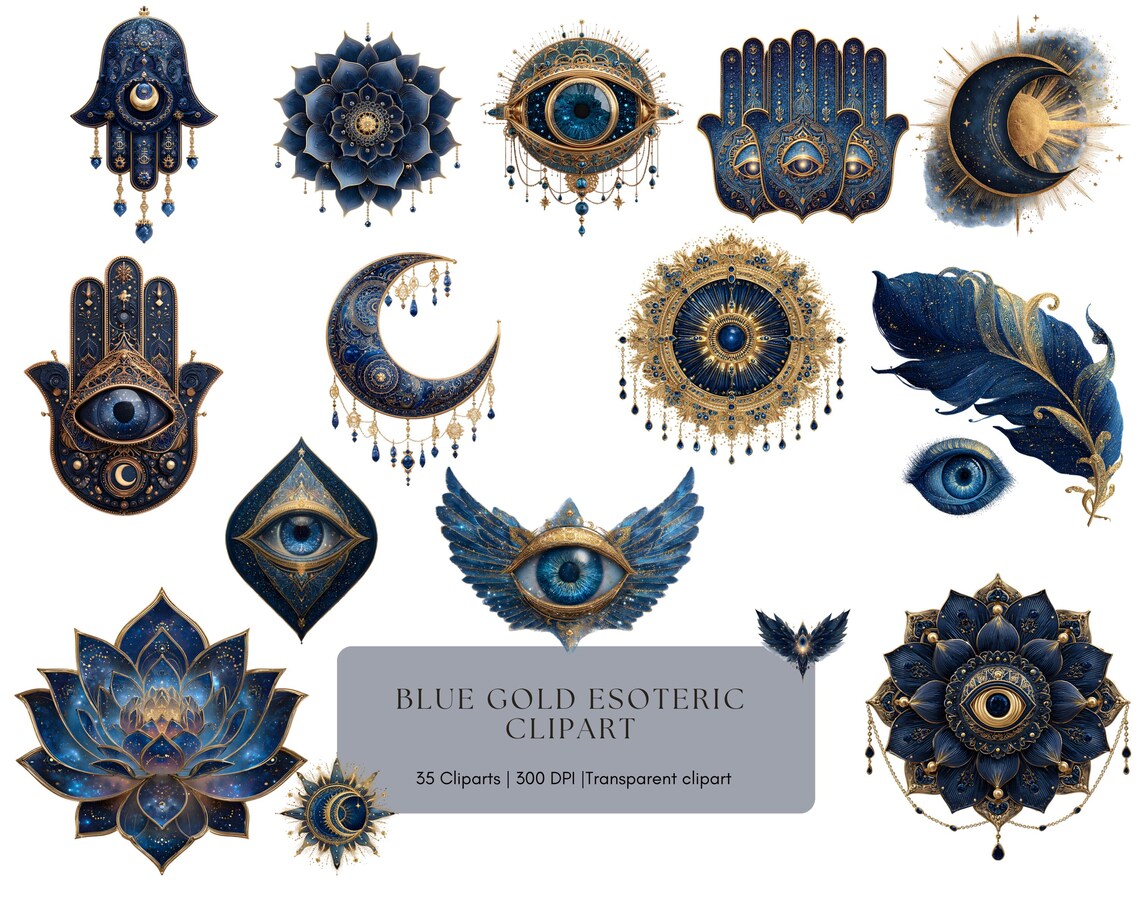 Blue Gold Esoteric Clipart Png, Esoteric Digital Clipart in Blue and ...