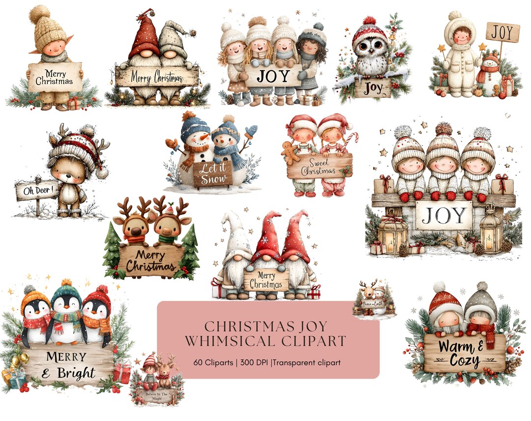 Christmas Joy Whimsical Clipart Bundle Png, Cute Winter Christmas Joy ...