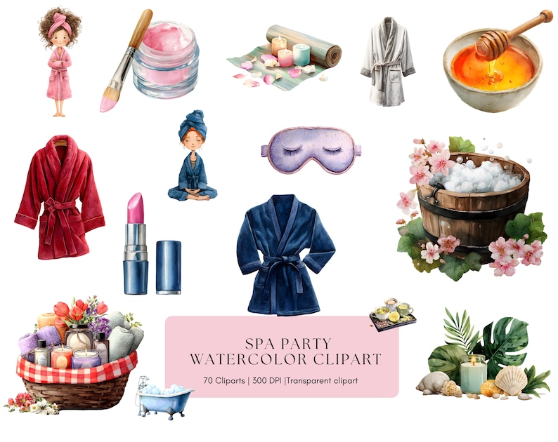 Spa Party Watercolor Clipart Bundle Png, Girl Spa Party, Bath & Spa ...