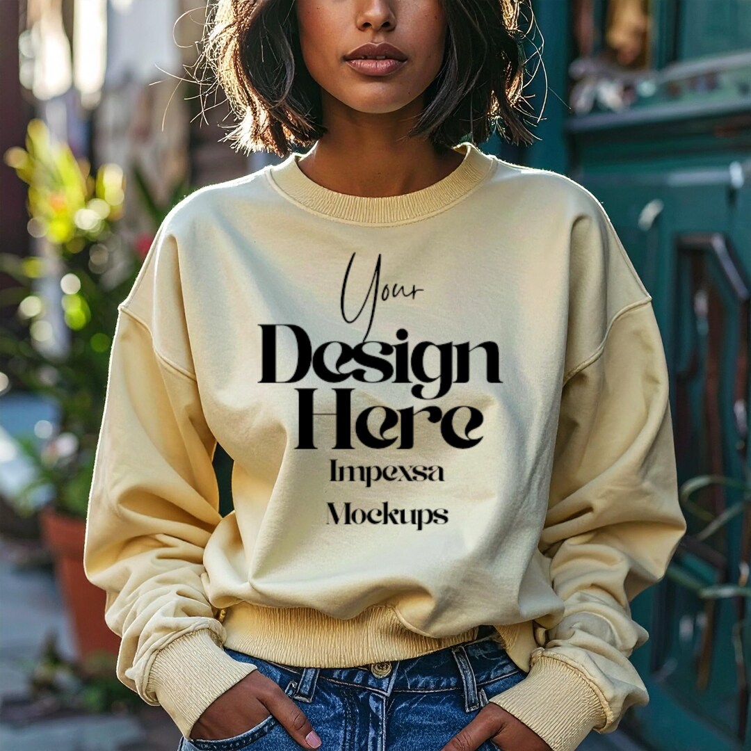 Gildan & Bella Canvas Butter Yellow Color Sweat Shirt Mock Up. PSD PNG ...