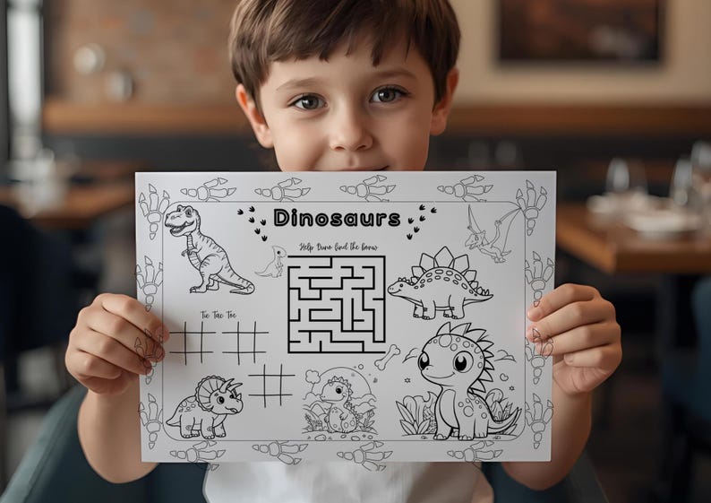 Dinosaur Activity Placemat: Kids Coloring Page, Maze, Tic-tac-toe (PDF ...