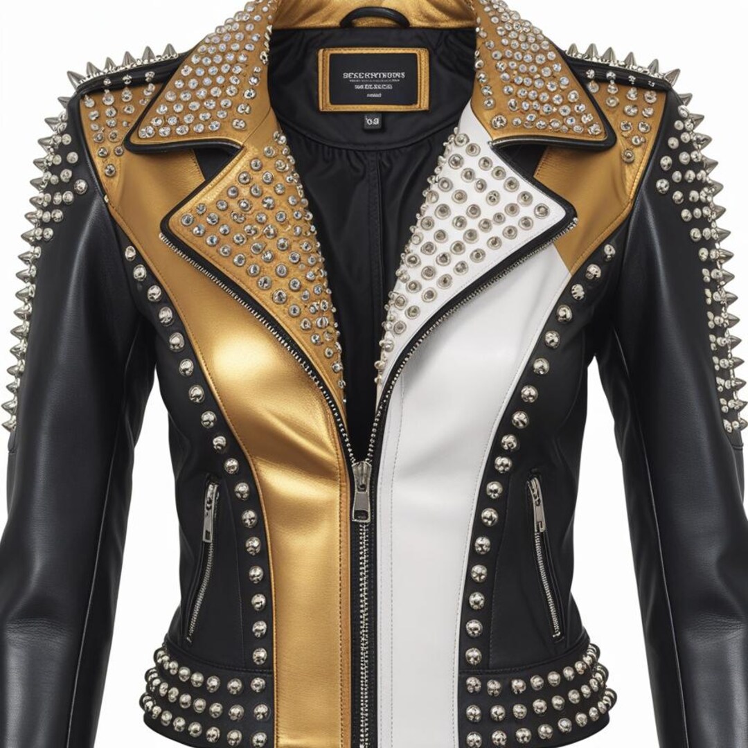 Women Genuine Leather Studded Biker Jacket Gold, Black & White With ...