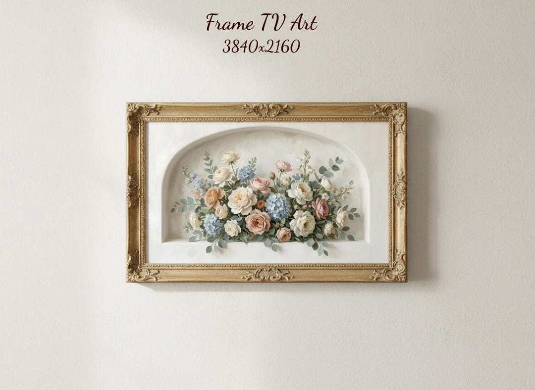 Romantic Floral TV Frame Art 4K | Vintage Roses Wall Art | Soft Pastel ...