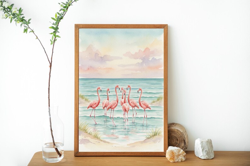 Flamingo Wall Art Printable | Coastal Watercolor Flamingos | Beach ...