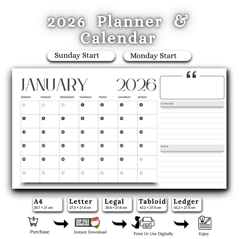 2026 Yearly Landscape Calendar and Planner | A4, Letter, Legal, Tabloid ...