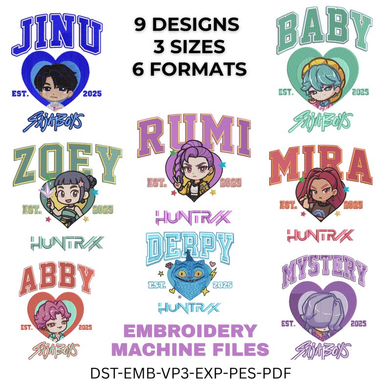 8 Designs Huntrix Girls and Saja Boys Embroidery Design Bundle, Kpop Demon Hunters, Embroidery ...