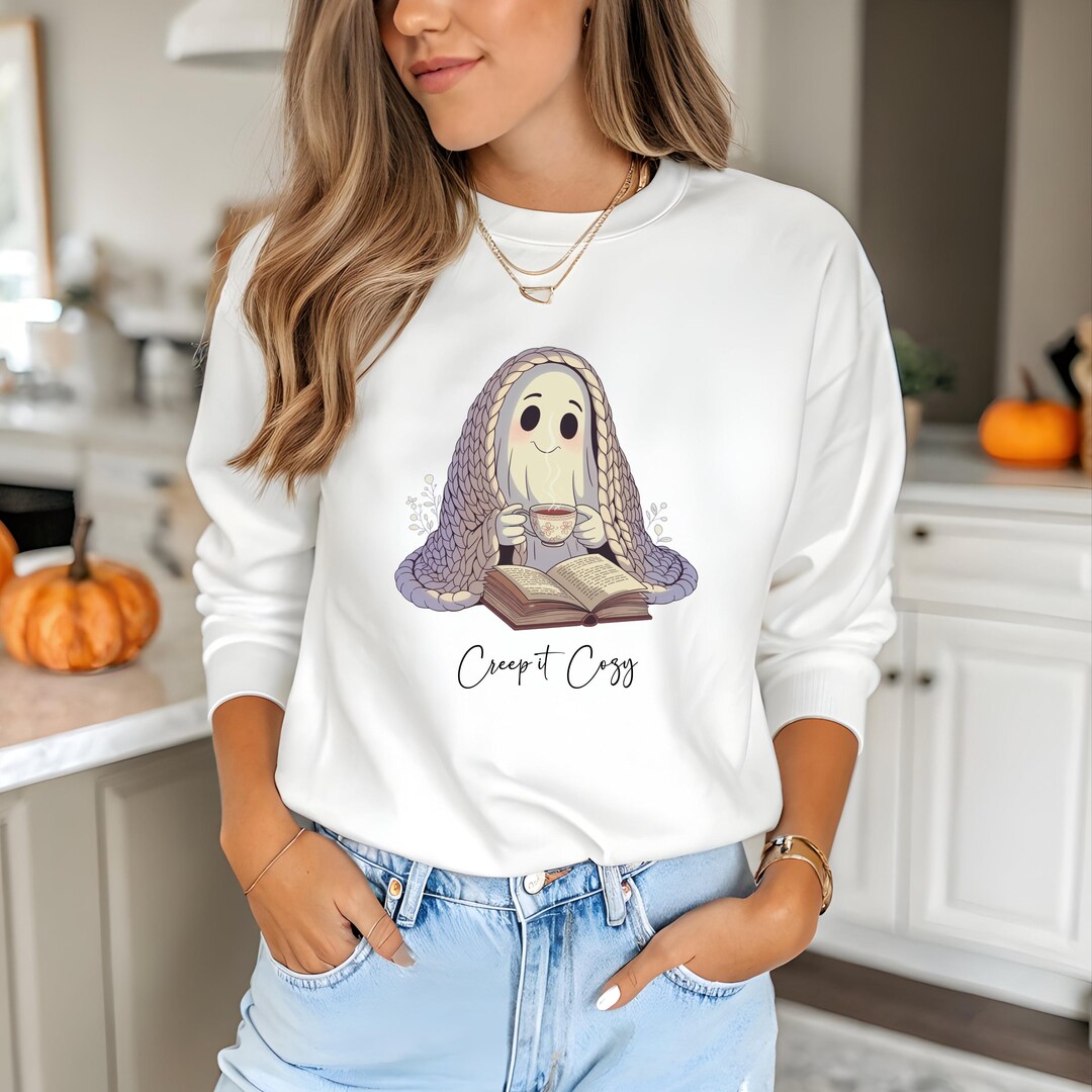 Creep It Cozy Sweatshirt Ghost Reading Book Lover Sweater Introvert ...