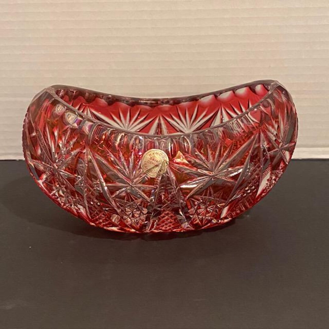 Vintage German Crystal Cranberry Cut to Clear Rose Bowl Dish Oblong ...