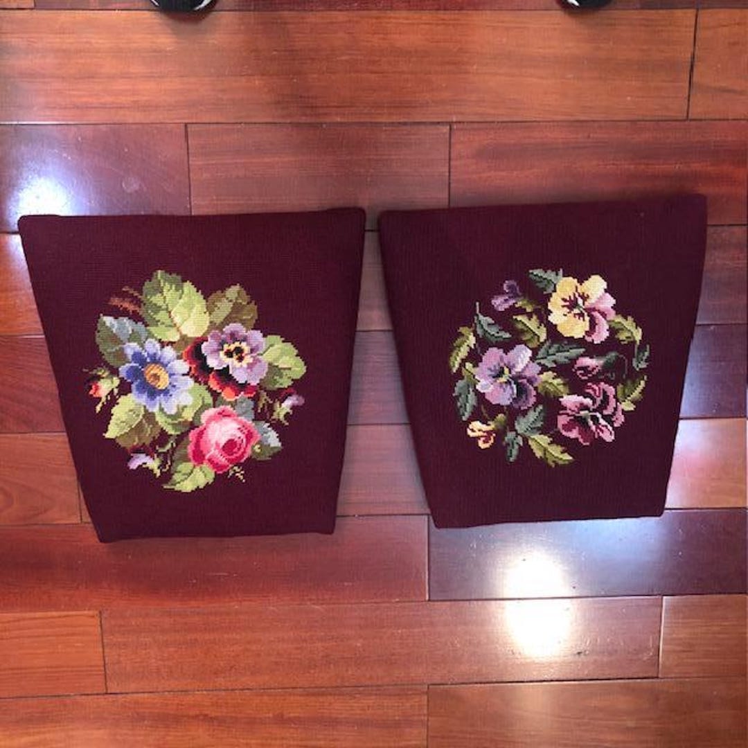 Vintage Needlepoint Seat Cushions 2 Floral Burgundy Cottagecore ...
