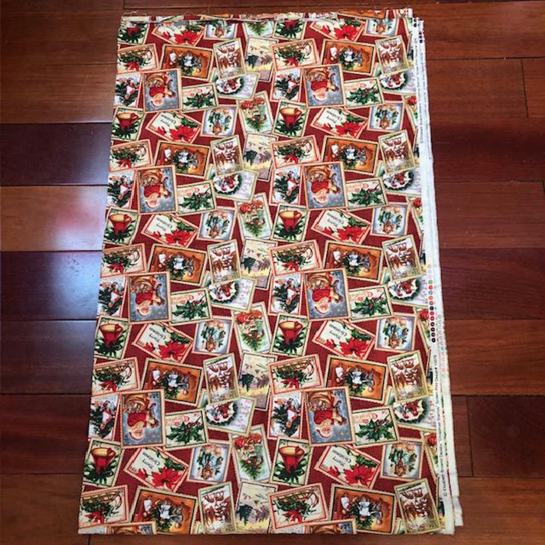 4 Yards - Vintage Christmas Stamps Print Fabric by Elizabeth Brownd ...