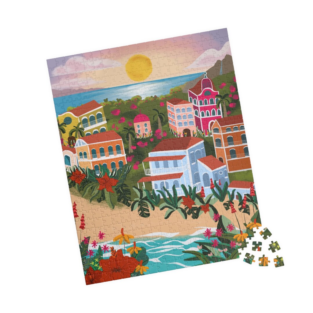 Whimsical Puerto Rican Landscape Puzzle: Mid-century Buildings & Sunset ...