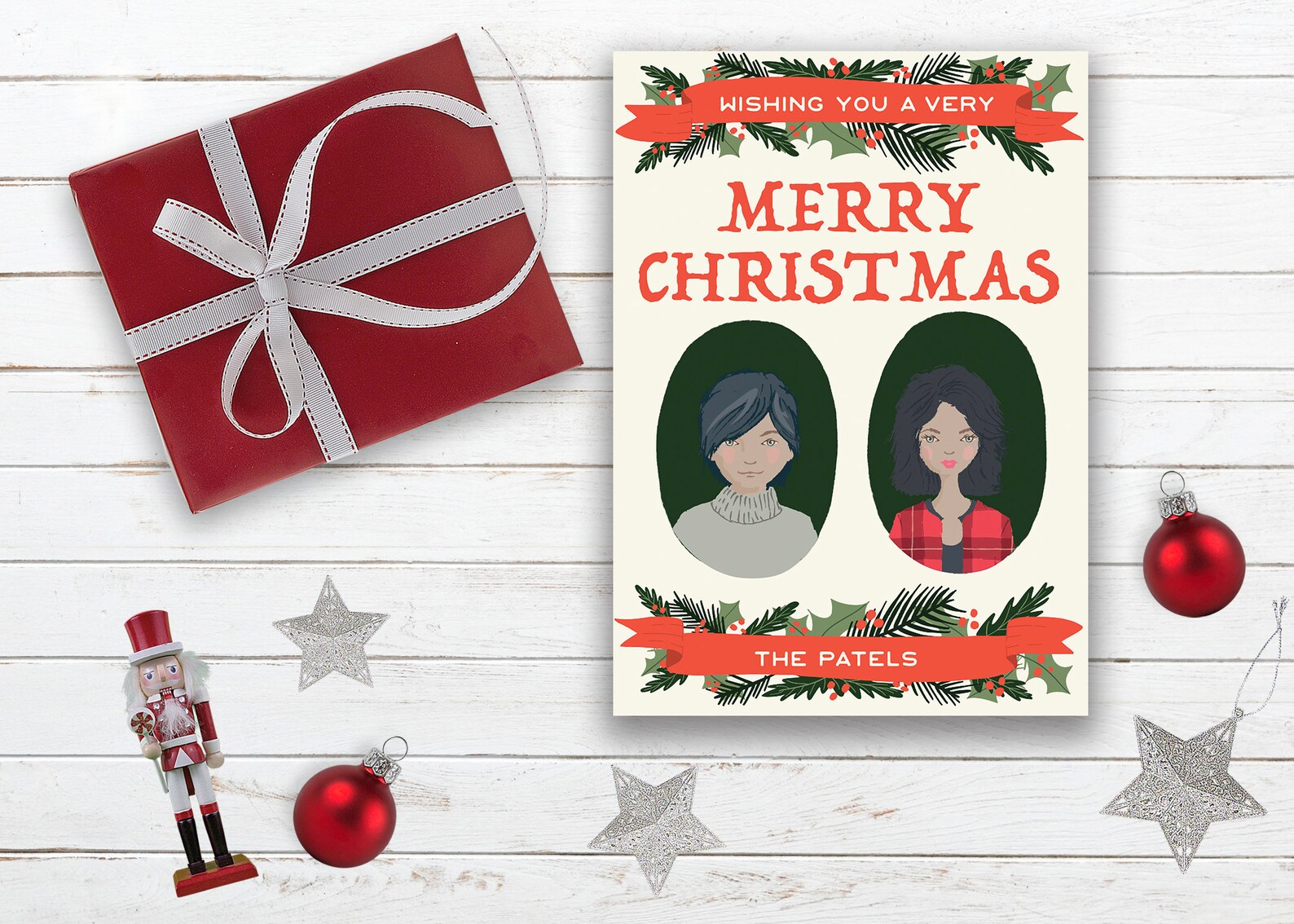 Custom Illustrated Family Portrait Christmas Card, Couple Holiday Card ...