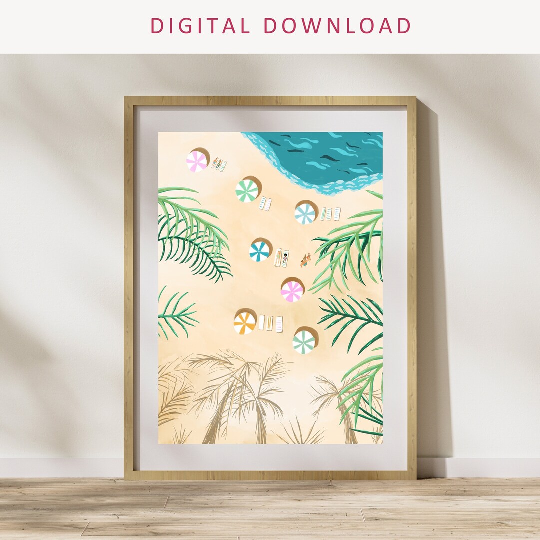 Tropical Beach Scene Digital Art Print: Vintage Gouache Style for ...