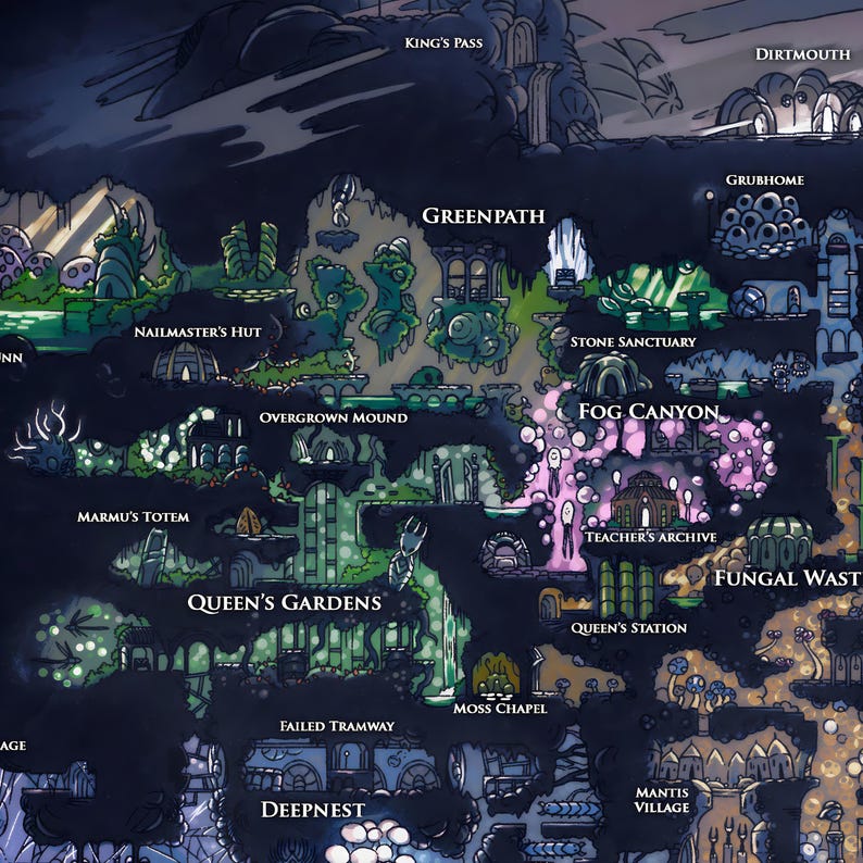 Hallownest Map Poster | Hollow Knight Wall Decor | Rolled Canvas Print ...
